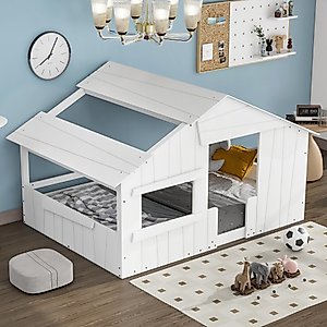 Montessori Floor Bed with Roof and Windows, Full House Floor Bed with Guardrail and Door, Full Size House Bed for Kids, Girls, Boys, White Montessori Bed Full Size