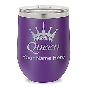 LaserGram Double Wall Stainless Steel Wine Glass Tumbler, Queen Crown, Personalized Engraving Included (Dark Purple)