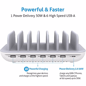 SooPii 70W 7 Port Charging Station for Multiple Devices,Charger Station with One 30W Power Delivery Port for Laptops,and 6 USB Ports for Smart Phones,Tablets,Other Electronics…