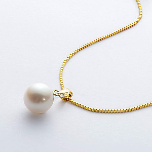 18K Gold Freshwater Cultured White Pearl June Birthstone Necklace 9-10mm Single Pearl Pendant with Sterling Silver Chain, Pearl Jewelry Gifts for Women Mom friend - Yellow Gold