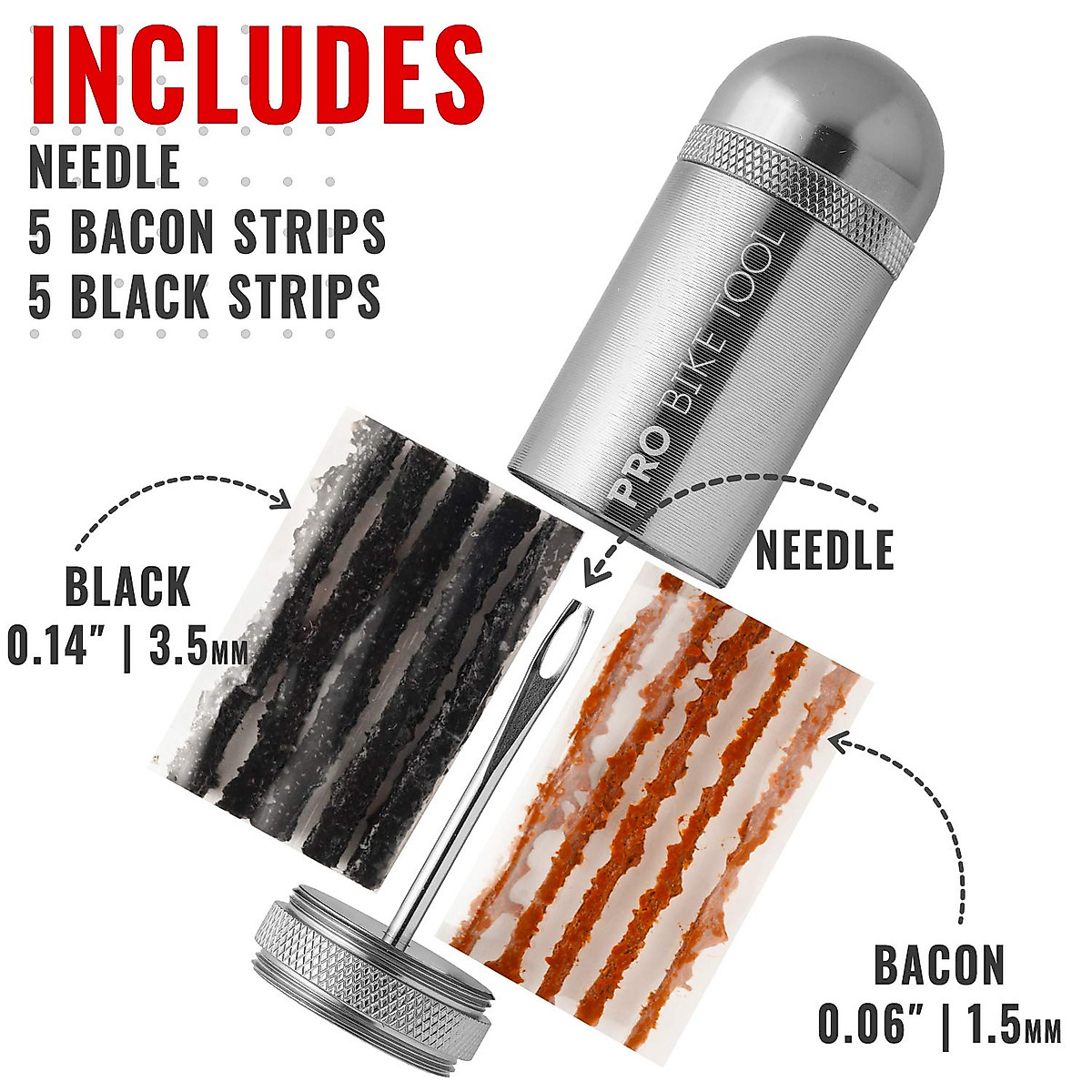 PRO BIKE TOOL Tubeless Bike Tire Repair Kit – for MTB and Road Bicycle Tires – Fix a Puncture or Flat, Fast – Tackle Set Includes Storage Canister, Plugger Tool and Plugs - 5 Bacon and 5 Black Strips