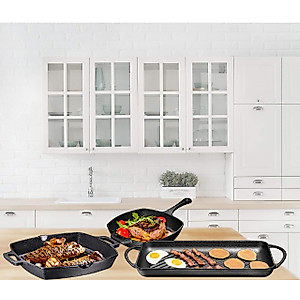 Bruntmor Pre Seasoned Cast Iron 3 Piece Grill Bundle Gift Set, Rectangular grill Pan, Grill Skillet, Square Grill Pan, Camping Cookware Set