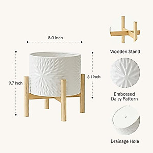 LA Jolie Muse White Planter with Stand,Mid Century Planters for Indoor Plants,Ceramic Plant Pot with Stand - 8 Inch Unique Modern Flower Pots Indoor with Drainage Holes