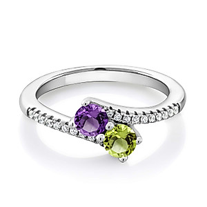 Gem Stone King 925 Sterling Silver Purple Amethyst and Green Peridot Bypass Ring For Women (0.79 Cttw, Gemstone February Birthstone, Round 4MM, Available In Size 5, 6, 7, 8, 9)