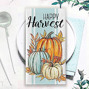 Seliem Thanksgiving Give Thanks Fall Kitchen Dish Towels Set of 2, Happy Harvest Autumn Pumpkin Hand Towels Drying Baking Cooking Cloth, Maple Leaves Stripes Farmhouse Home Kitchen Decor 18x26 Inch