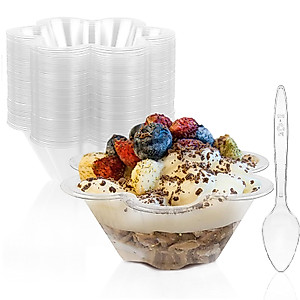 TOFLEN 8 oz Dessert Cups with Spoons, 50 Pack Clear Plastic Small Party Serving Bowls for Sundae, Parfait, Fruit, Strawberry Shortcake, Disposable Snack Bowls (Flower Shape)