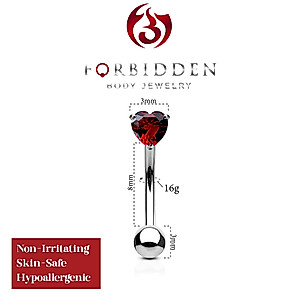 Forbidden Body Jewelry 16g 8mm Surgical Steel 3mm Red CZ Heart Top Barbell for Daith, Eyebrow and Rook Piercing