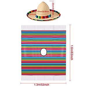 SATINIOR Mexican Serape Poncho Costume Mexican Sombrero with Rainbow Serape Edge and Band (Adult)