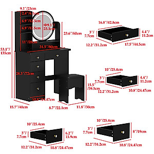Hitow Vanity Desk Set with Lighted Mirror, Makeup Vanity with 5 Drawer & Shelf, Dressing Table with Touch Screen Light & Jewelry Organizer for Bedroom, Black (Lighted Mirror)