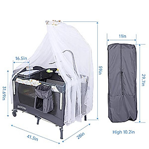 BLOROOM 6-in-1 Pack and Play, Baby Bedside Sleeper with Bassinet, Multifunction Bedside Crib Newborn to Toddlers, Diaper Changer, Playard, Safety Strap, Music Box & Hanging Toys,Mosquito net (Gray)