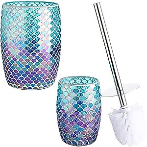 WHOLE HOUSEWARES | Bathroom Wastebasket | Mermaid Glass Mosaic Decoration and Bathroom Accessories Toilet Brush Set - Blue Toilet Bowl Brush and Holder (Fan Shape)