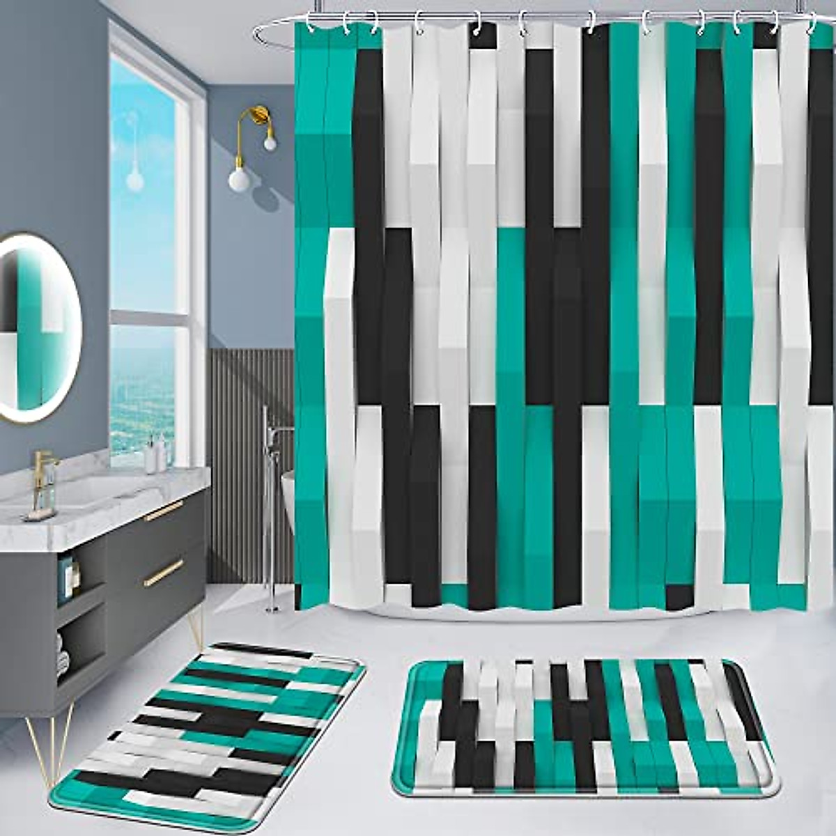 YOKYHOM Green Bathroom Sets with Shower Curtain and Rugs, 3 Piece Striped Bathroom Shower Curtain Sets with Rugs, Incl 71'' x 71'' Shower Curtain with 12 Hooks, 2 Pcs 30'' x 18'' Non Slip Bath Mats