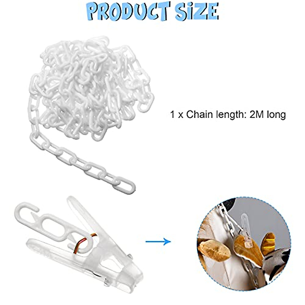Blulu Plastic Toy Chain Organizer Stuffed Animal Storage Chain with 20 Pcs Plastic Clips 2 Pcs Ceiling Hook and 2 Pcs Door Hook for Hanging Plush Toys Hats Socks and Holiday Cards (White Clip)