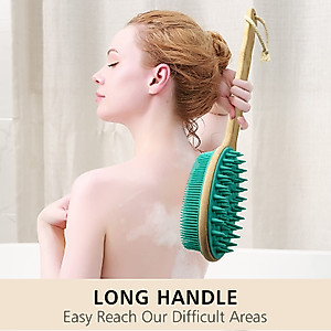 HONOMA Exfoliating Silicone Back Scrubber Brush with Long Handle,Easy to Clean,Bath Body Brush Lathers Easily, Long Lasting, and More Hygienic Than Traditional Loofah Mesh Sponge.