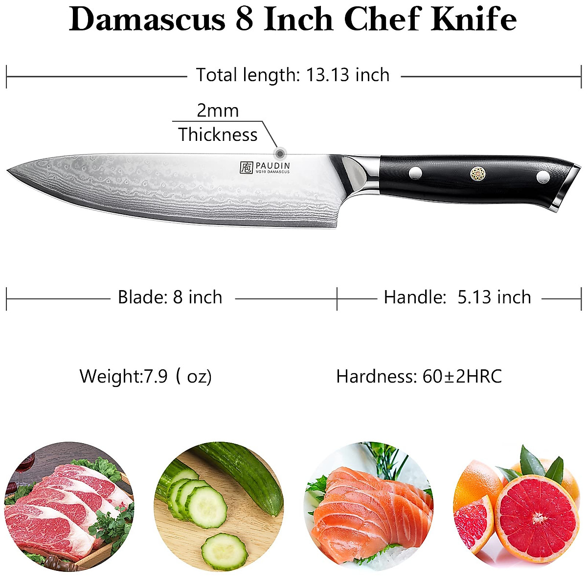 PAUDIN Damascus Chef Knife, 8 Inch Kitchen Knife, Japanese 67-layer VG-10 Stainless Steel Sharp Knife, Professional Chefs Knife with Ergonomic G10 Handle, for Home Kitchen and Restaurant