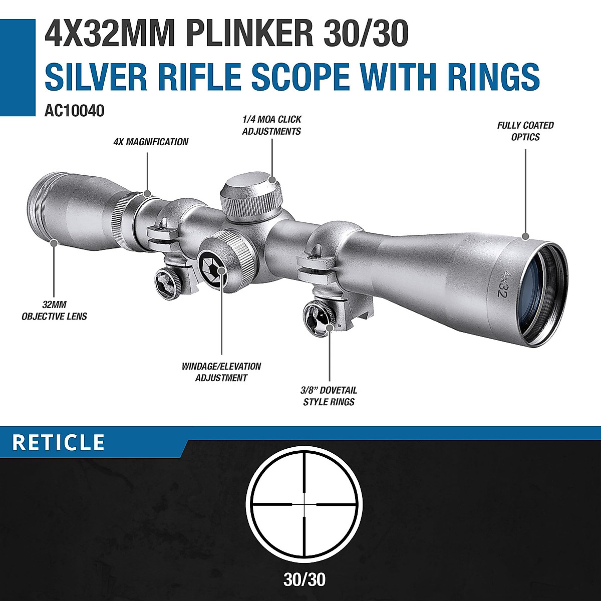 BARSKA 4x32 Plinker-22 Silver Scope w/ 3/8-Inch Rings