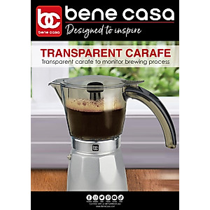 Bene Casa Espresso Coffe Maker, 6 Cup,Electric Maker Portable Cafetera Electrica| Trasparent Carefa, De 6 Tasas, Para Cafe' Espresso,Baso Trasparente.