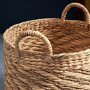 Round Water Hyacinth Seagrass Woven Basket with Handles - 15" x 15" x 15" - Natural Brown - For Clothes, Towels, Canvas, Toys and Magazine Storage and Home Decoration