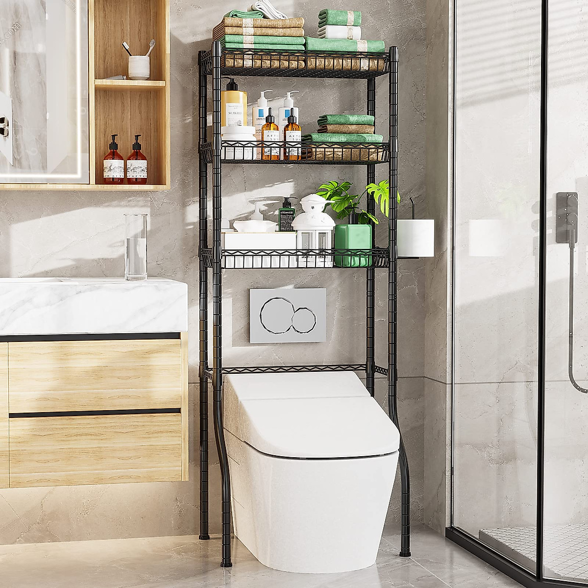 LEHOM Bathroom Organizer Over The Toilet Storage, 3-Tier Bathroom Shelves Over Toilet Shelf Above Toilet Storage Rack Freestanding Bathroom Space Saver with Adjustable Shelves and Baskets, Black