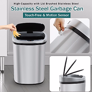 Kitchen Trash Can Automatic Trash Can Trash Can with Lid 50 Liter 13 Gallon Touch Free High-Capacity Brushed Stainless Steel Waste Bin for Bathroom Bedroom Home Office (White) (Stainless Steel)