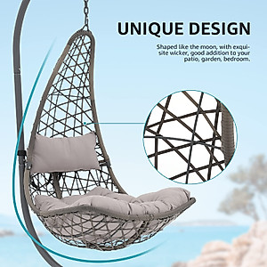 COBANA Hanging Egg Chair with Stand, Indoor Outdoor Patio Wicker Swing Chair with Cushion for Outside, Bedroom, Porch, Gray