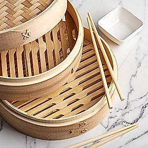 Prime Home Direct Bamboo Steamer Basket 10-inch | 2-Tier Steamer for Cooking | 50 Liners, Chopsticks & Sauce Dish | Dumpling Steamer, Food Steamer Baskets for Cooking - Rice & Vegetable Steamer Pot