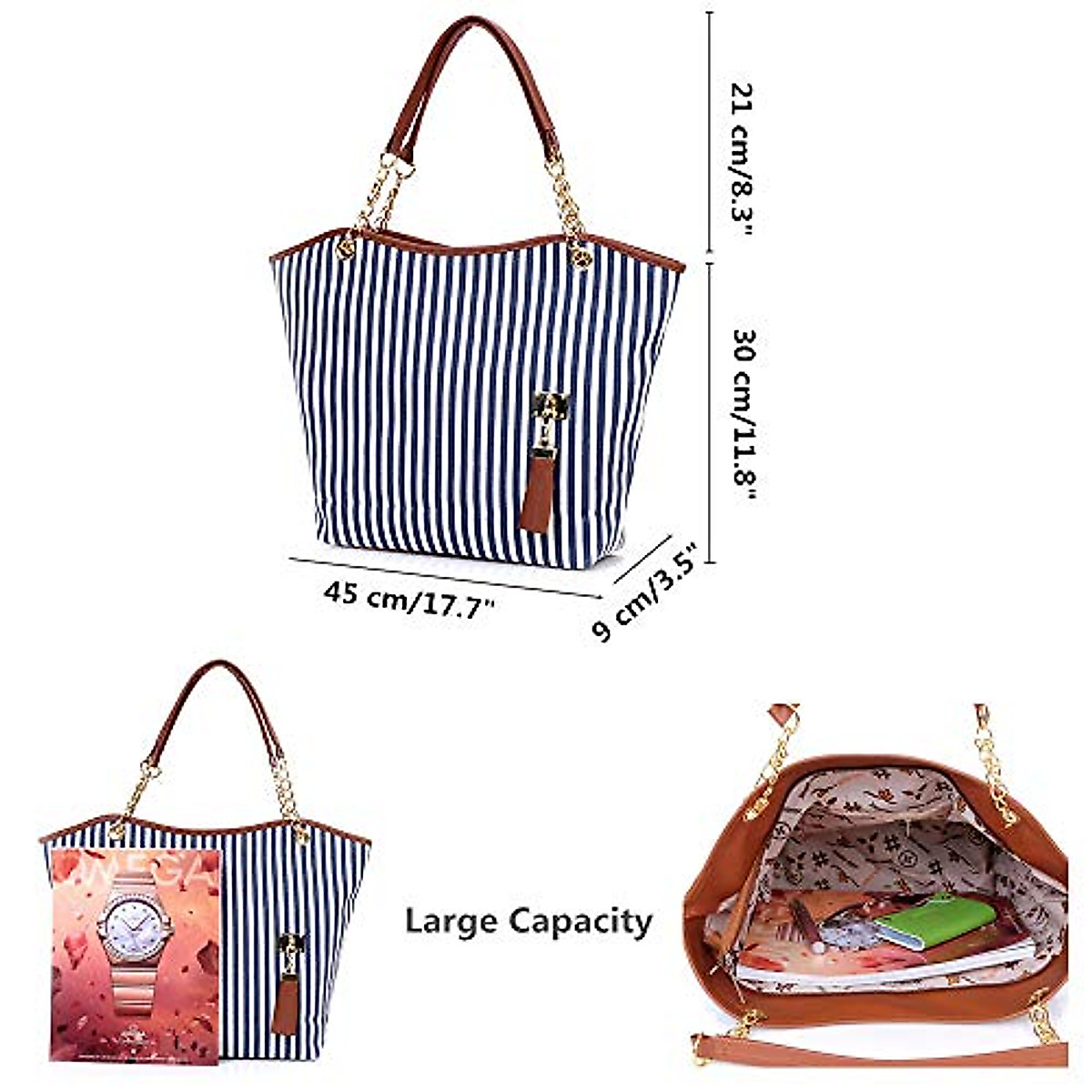 Womens Canvas Handbag Tassel Stripes Purse Tote Fashion Shoulder Bag Large Capacity, Black and White