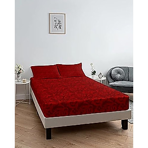 Full Size Fitted Sheet Bed Set Merry Christmas Leaves on Red Deep Pocket Soft Bottom Sheets&Pillowcases for Bedroom Decor Abstract Foliage Texture,Fits Mattress Up to 16" Deep