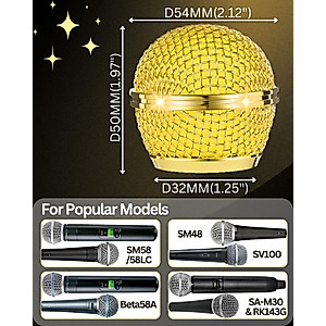 RhymKawa Bling Gold Microphone Cover Compatible with Shure SM58, SM48 Wired and Wireless Mic Cartridge Ball Mesh Grill Repalcement, 2 Pack
