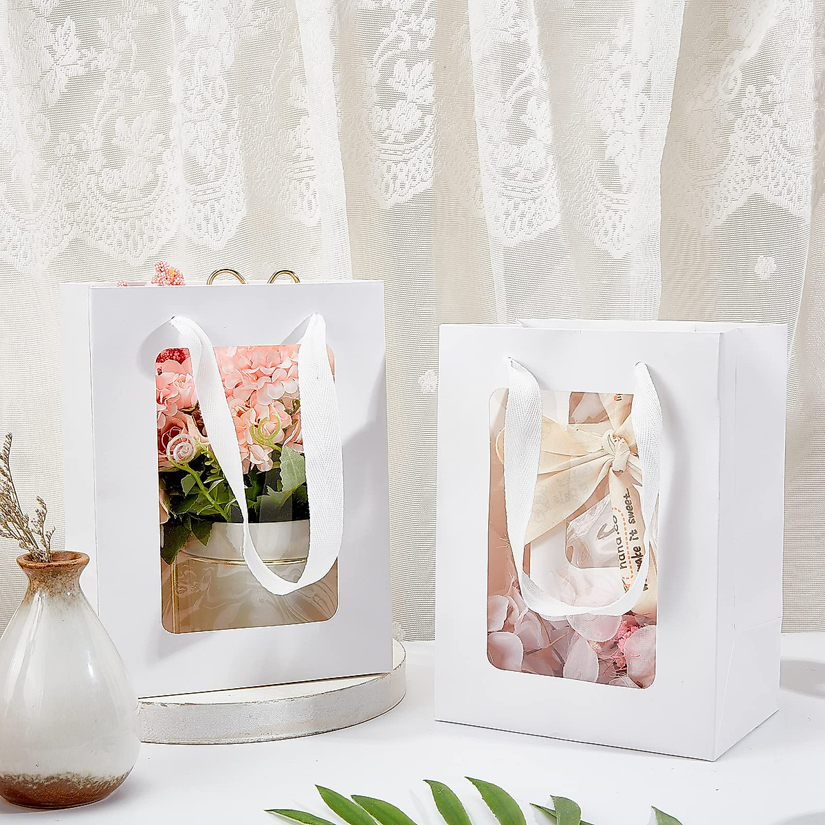 BENECREAT 10 Packs White Kraft Paper Bag with Clear Window 8x6x4 Gift Bags with Handle for Wedding Favor, Proposal Candy Gift Packing