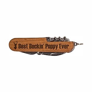 Funny Grandpa Gifts Best Buckin Poppy Ever Wooden 8-Function Multi-Tool Pocket Knife Laser Engraved Dark Wood