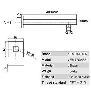 EMBATHER Extra Long and Thicken Brass 16 Inches Shower Extension Arm,Brushed Nickel Universal Shower Straight Wall-Mounted Shower Arm with Flange for 10''/12''/16''/18" Bathroom Rainfall Showerhead