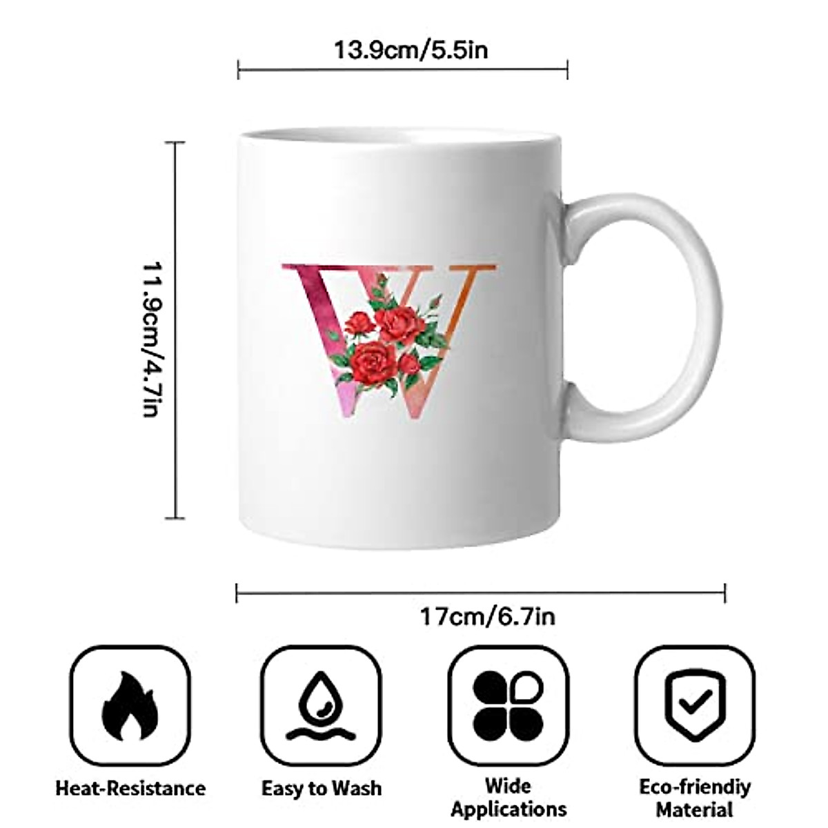 Yelolyio English Alphabet Letter Coffee Mug, Alphabet Initial Letter W Coffee Cup, Monogram Mug Cup, 11oz