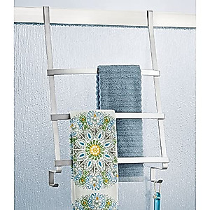 mDesign Modern Decorative Metal Over Shower Door Towel Rack Holder Organizer with Storage Hooks - for Bathroom Towels, Washcloths, Hand Towels, Loofahs and Sponges - Chrome