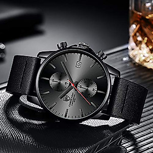 GOLDEN HOUR Men's Fashion Sport Quartz Watches with Black Leather Strap Waterproof Chronograph Watch, Auto Date in Red Hands
