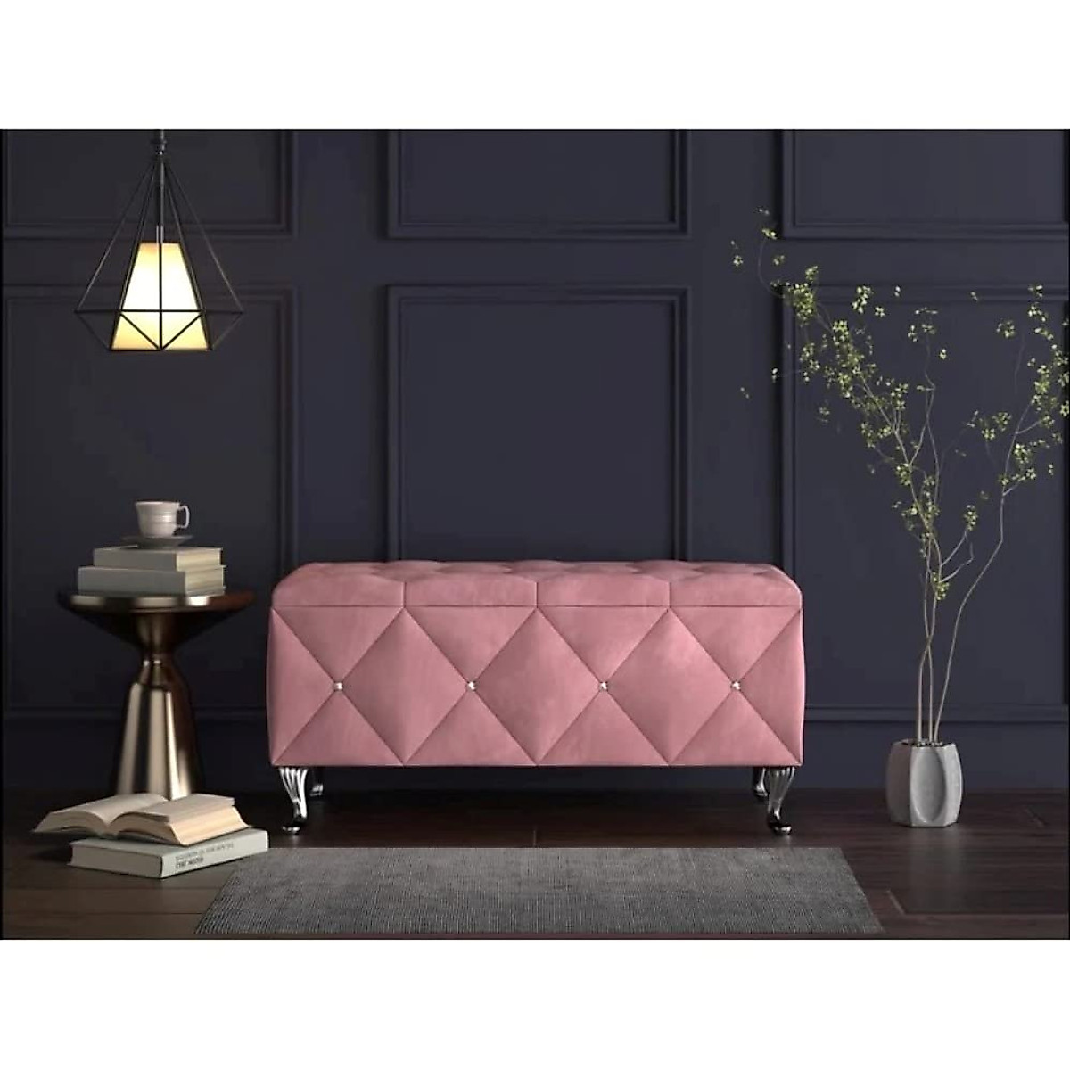 Pink Storage Ottoman Bench Foam-Padded Button Tufted Flip Top Velvet Seating|Sturdy Metal Legs Footrest Vanity Stool Coffee Table,Ultra Plush Rich Look,Size:18.9" H x 42" W x 18.3" D