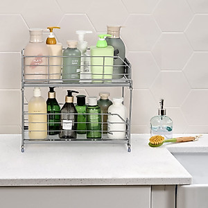 MOOACE 2 Pack Sliding Cabinet Basket Organizer, Bathroom Organizer Under Sink Shelf, Under Kitchen Cabinet Organizer, 2 Tier Multi-purpose Under Sink Storage Rack, Silver