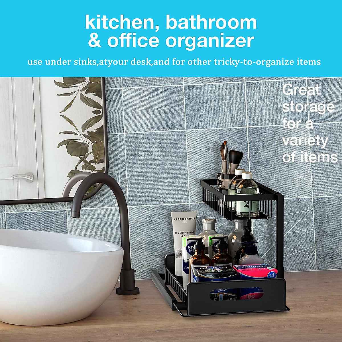 Under sink organizer, Furihshe kitchen storage pull out double shelf drawer 2-Tier Slide Out Sliding Shelf Under Cabinet Storage Multi-Use for Under kitchen sink organizers and storage, Black