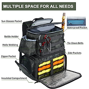 MATEIN Fishing Backpack Tackle Box, Water Resistant Fishing Storage Bag with Rod Holders & Cooler, Fishing Gear Gifts for Men