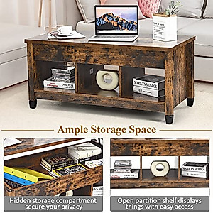 Tangkula Wood Lift Top Modern Coffee Table w/Hidden Compartment and Open Storage Shelf for Living Room Office Reception Room(Rustic Brown)