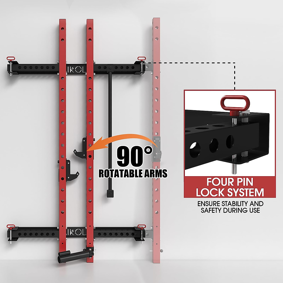 Mikolo 2" x 2" Folding Wall Mounted Squat Rack, 1000 Pounds Capacity Power Rack with Pull Up Bar, J Hooks, Landmine and Other Attachments, Space-Saving Home Gym(Red