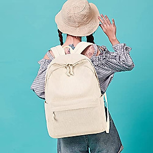 School Backpack for Teens Large Corduroy Bookbag Lightweight 17 inch Laptop Bag for Girls Women Casual High School College (Corduroy-Beige)
