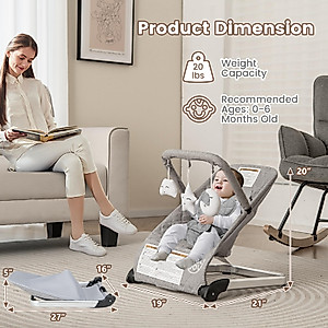 BABY JOY Baby Bouncer, Foldable Baby Bouncer Seat with 5-Point Safety Harness, Removable Fabric Cover & 3 Plush Toys, Portable Infant Bouncer for Babies 0-6 Months (Grey)