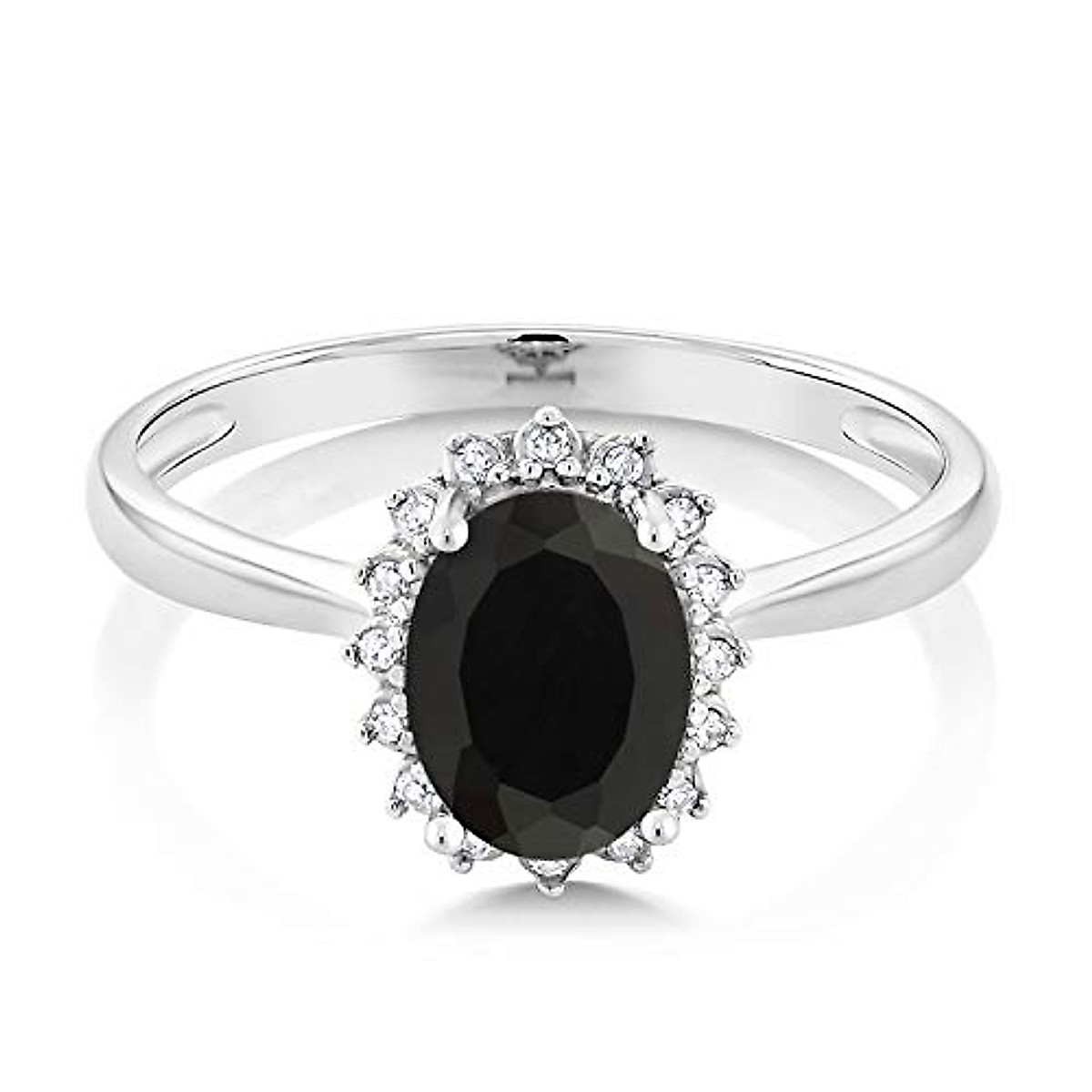 Gem Stone King 10K White Gold Black Onyx and Diamond Halo Engagement Ring For Women (1.65 Cttw, Oval 8X6MM, Size 9)
