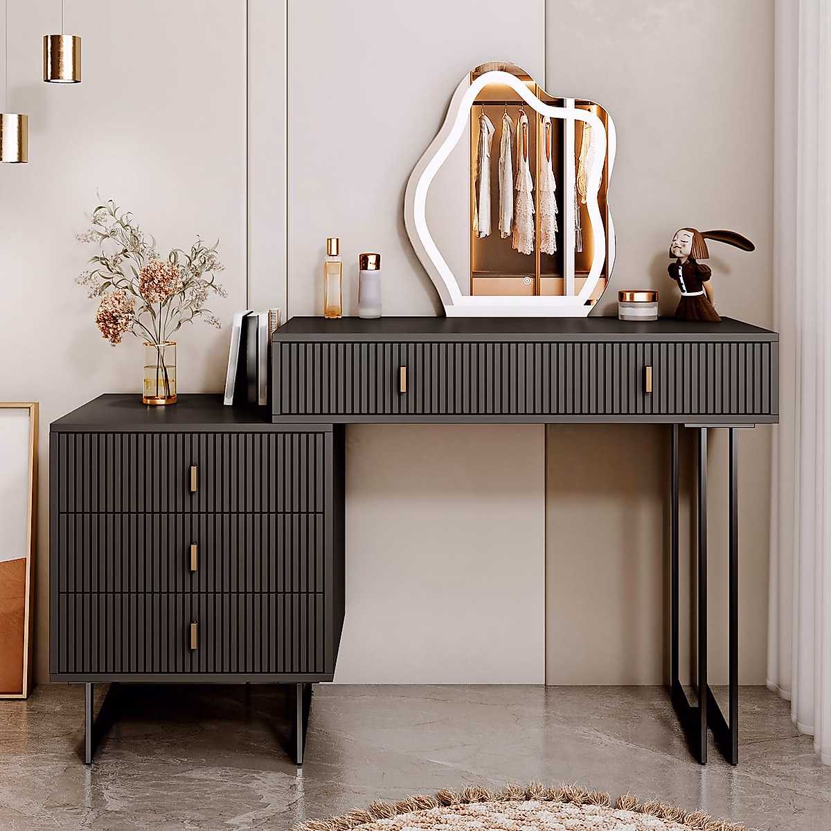 Black Vanity Desk with Mirror and Lights,Small Makeup Vanity with 5 Drawers，Modern Makeup Table with Adjustable Cabinet for Bedroom,Makeup Room