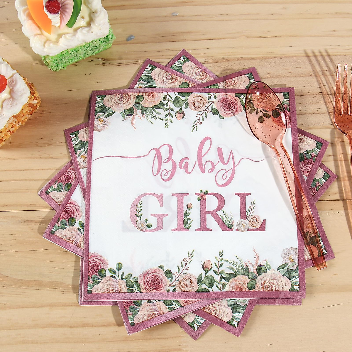 Girl Baby Shower Decorations, Floral Baby Girl Baby Shower Party Supplies Tableware Set for Your Little Princess, Rose Gold Baby Shower Plates and Cups and Napkins Set with Utensils -Serve 24