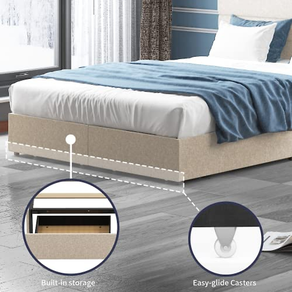 ijuicy Cal King Size Bed Frame with Drawers, No Box Spring Needed Bed Frame with Headboard, Upholstered Platform Bed Frame with Large Storage Space for Bedroom,Easy Assembly-Beige