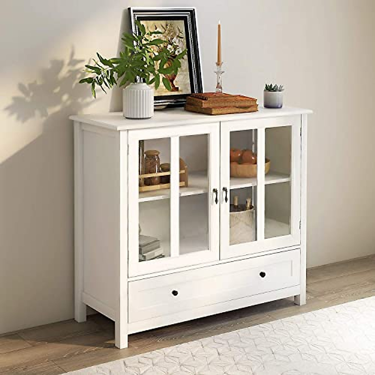 Knocbel Modern Storage Cabinet with Metal Handles, Double Glass Doors, Compartments and Drawer, Buffet Sideboard for Kitchen Dining Room Hallway Entryway, 41.4" L x 15.5" W x 35.4" H (White)