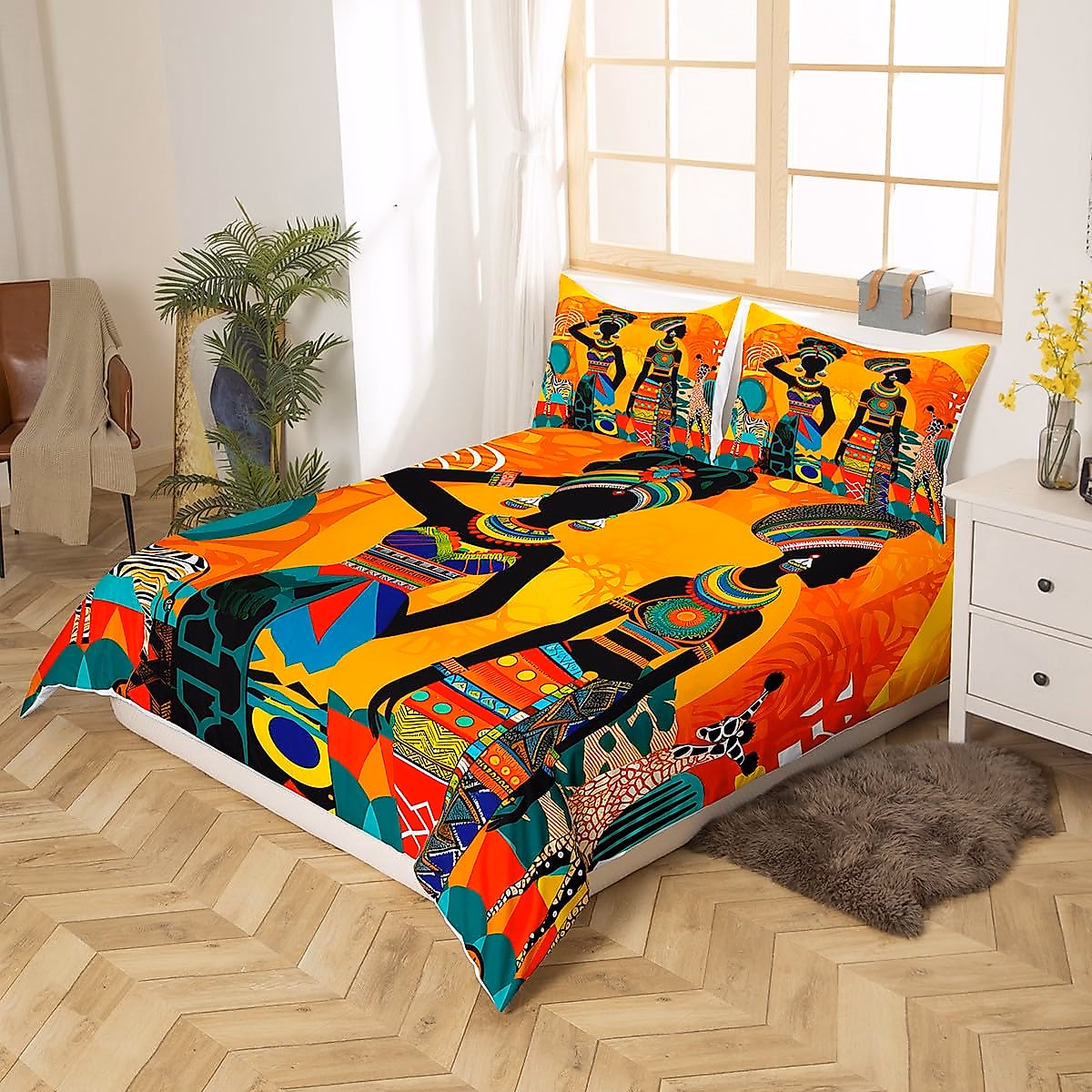 Feelyou Black Woman Bedding Set Ethnic Afro African Comforter Cover Set Traditional Exotic Duvet Cover Set Tribal Quilt Cover 1 Duvet Cover with 2 Pillowcases King