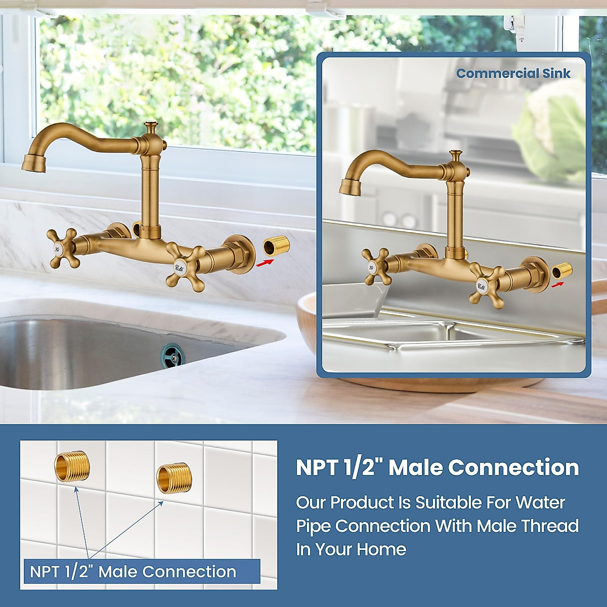 Airuida Antique Brass Wall Mount Commercial Sink Faucet Wall Mounted Kitchen Faucet 360 Rotatable Spout 2 Hole Double Cross Handles 8 Inch Center Tap for Utility Laundry Restaurant Sink